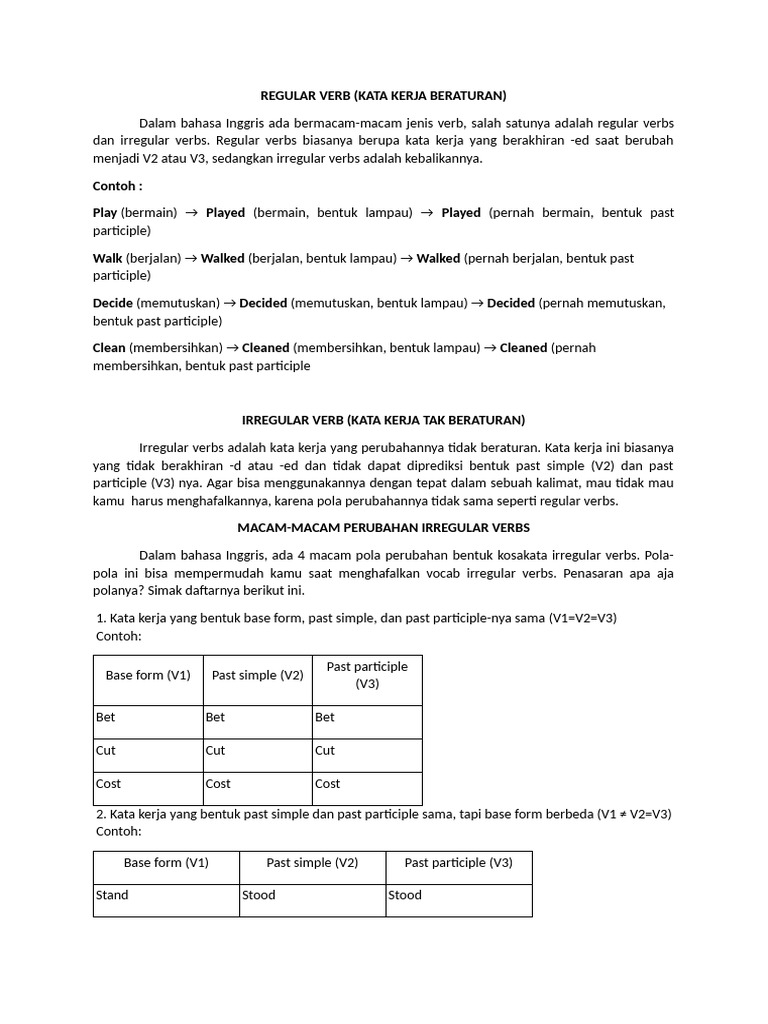 Panduan Lengkap Regular dan Irregular Verbs | PDF