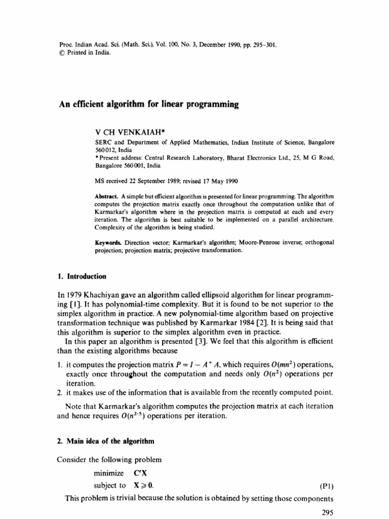 An Efficient Algorithm For Linear Programming 1990 Pdf Linear Programming Matrix