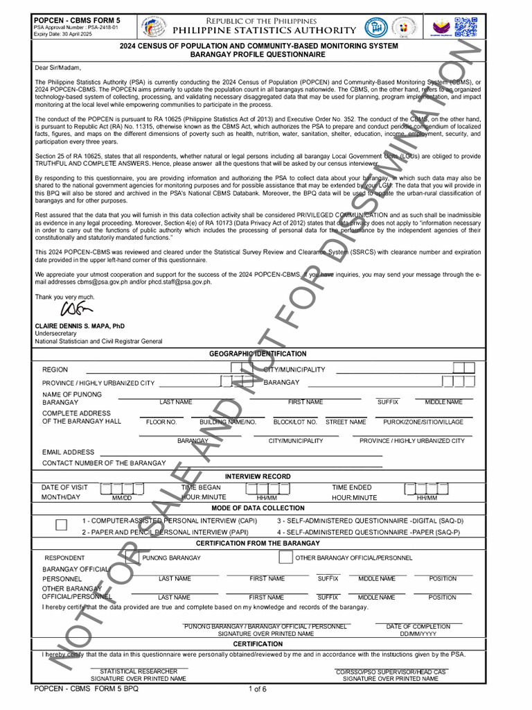 2024 POPCEN-CBMS Barangay Profile Form | PDF