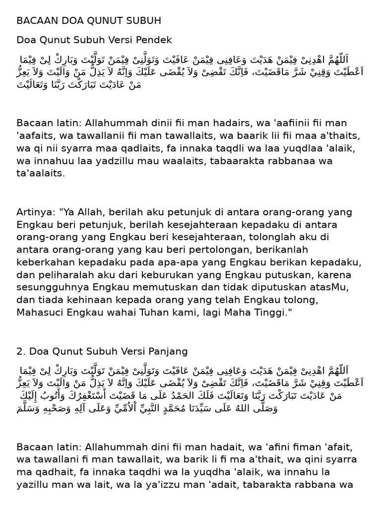 Doa Qunut Subuh: Bacaan dan Artinya | PDF