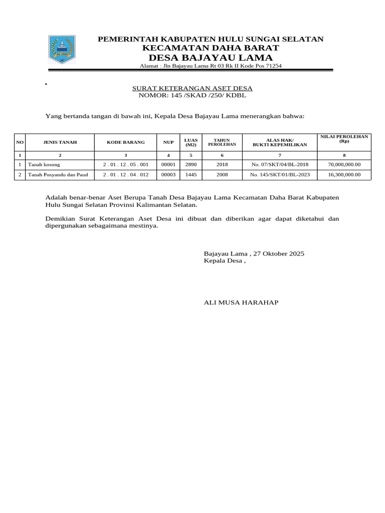 Surat Keterangan Aset Desa Bajayau Lama | PDF