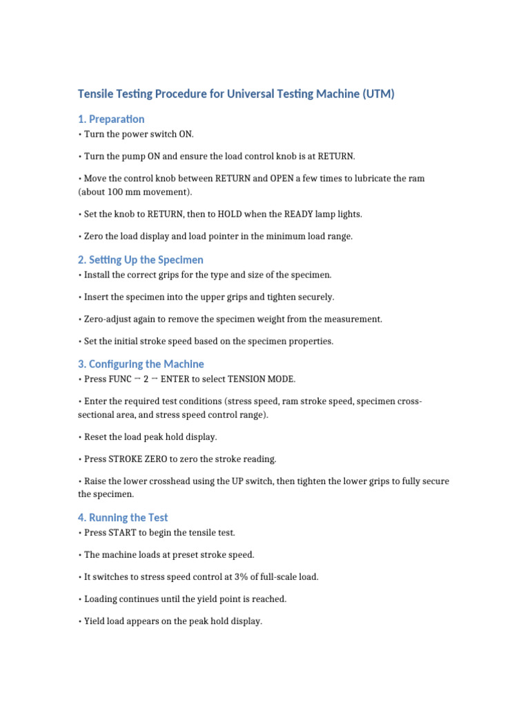 Tensile Testing Procedure UTM | PDF