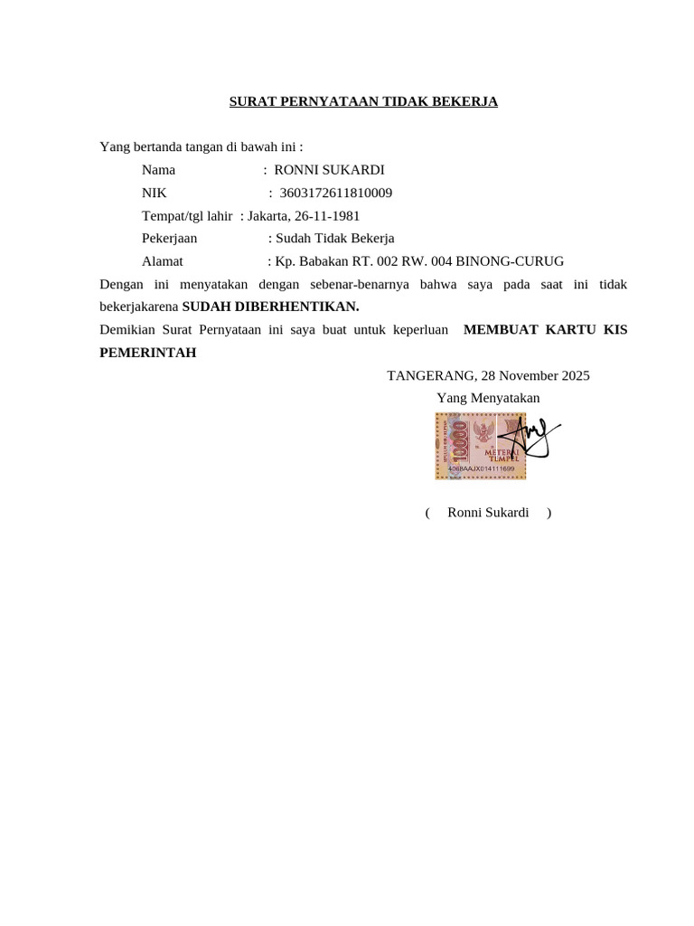 Surat Pernyataan Tidak Bekerja Ronni Sukardi | PDF