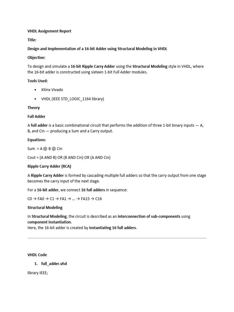 VHDL Code for 16 Bit Adder | PDF | Vhdl | Computer Engineering