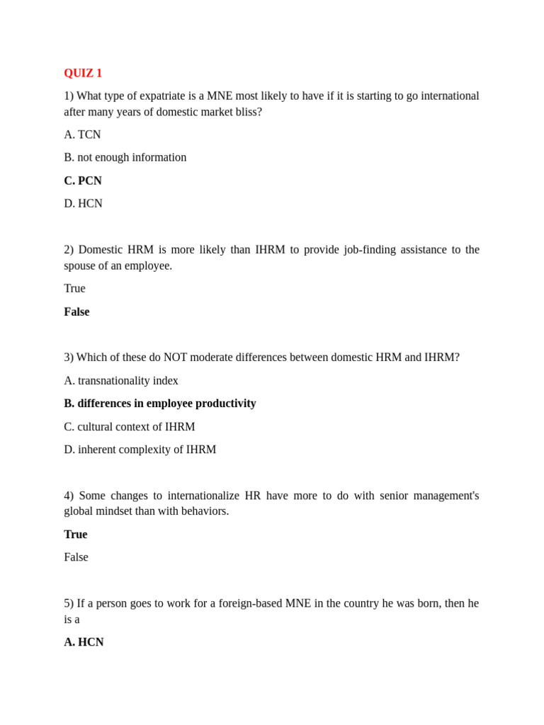 International HRM Quiz Questions | PDF | Human Resource Management ...