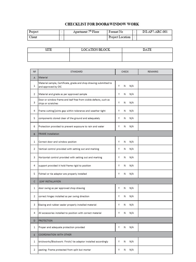 Door & Window Installation Checklist | PDF | Window | Door