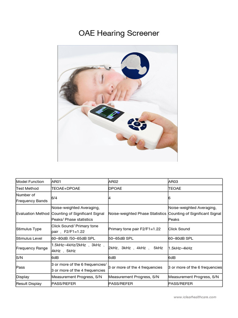 OAE Hearing Screener Specifications | PDF | Printer (Computing) | Bluetooth