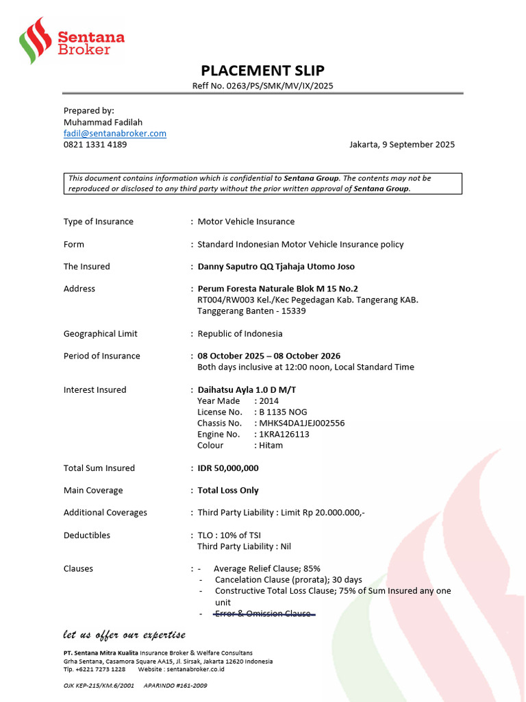 KONFIRMASI Placing Slip - Motor Vehicle Insurance - Daihatsu Ayla ...
