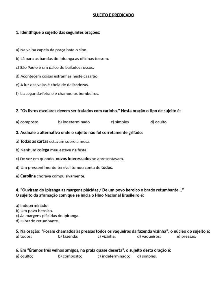 Sujeito e Predicado: Identificação e Classificação | PDF | Assunto ...
