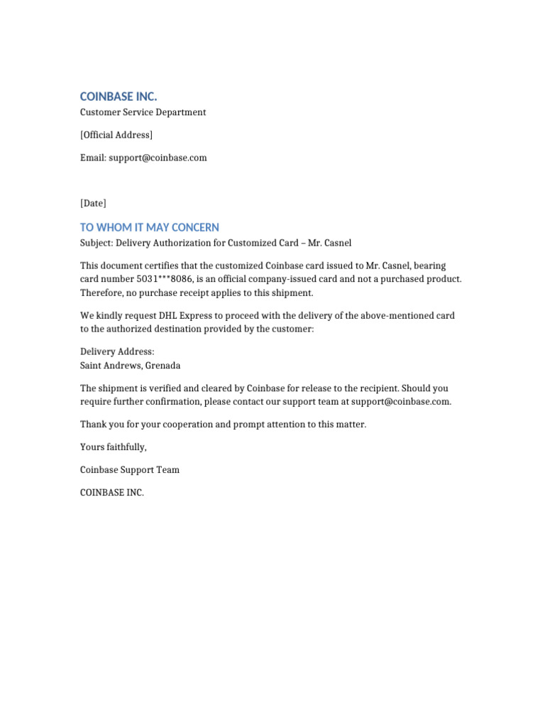 Coinbase Delivery Authorization MR Casnel | PDF