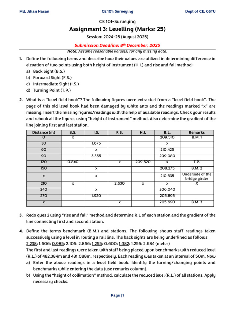 CE 101-Assignment 3 (Levelling) - Submission by 08 Dec 2025 | PDF