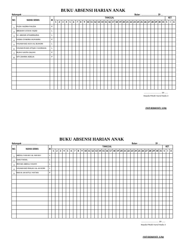Buku Absensi Harian PAUD Anak | PDF