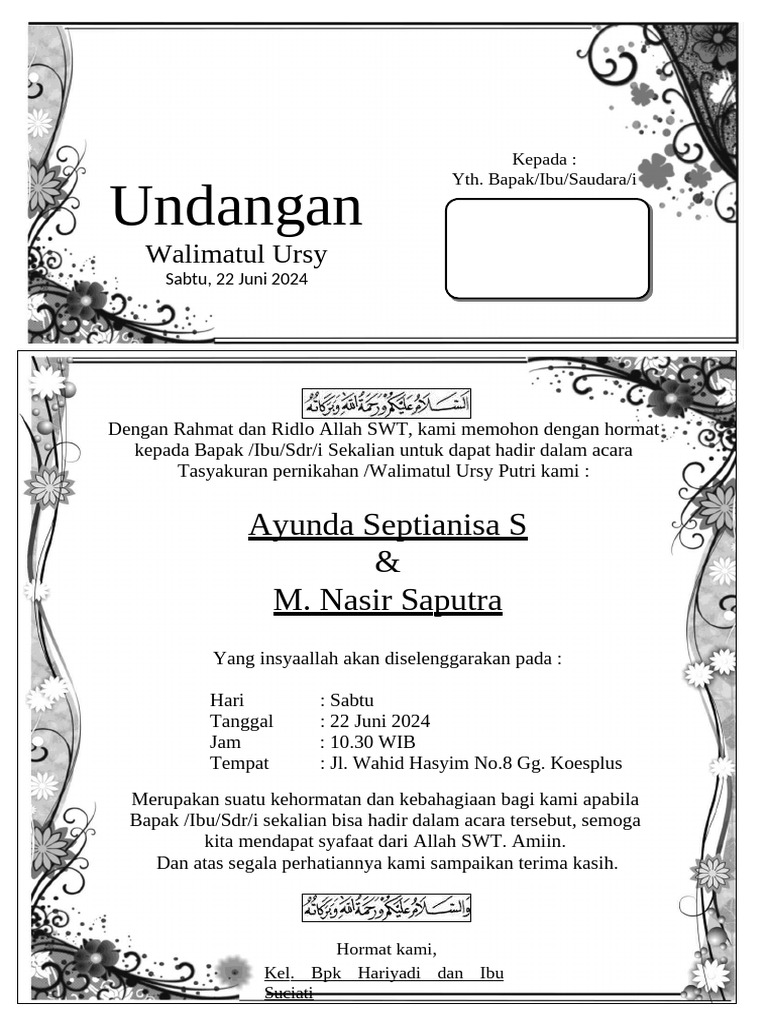Undangan Walimatul Ursy Ayunda & Nasir | PDF