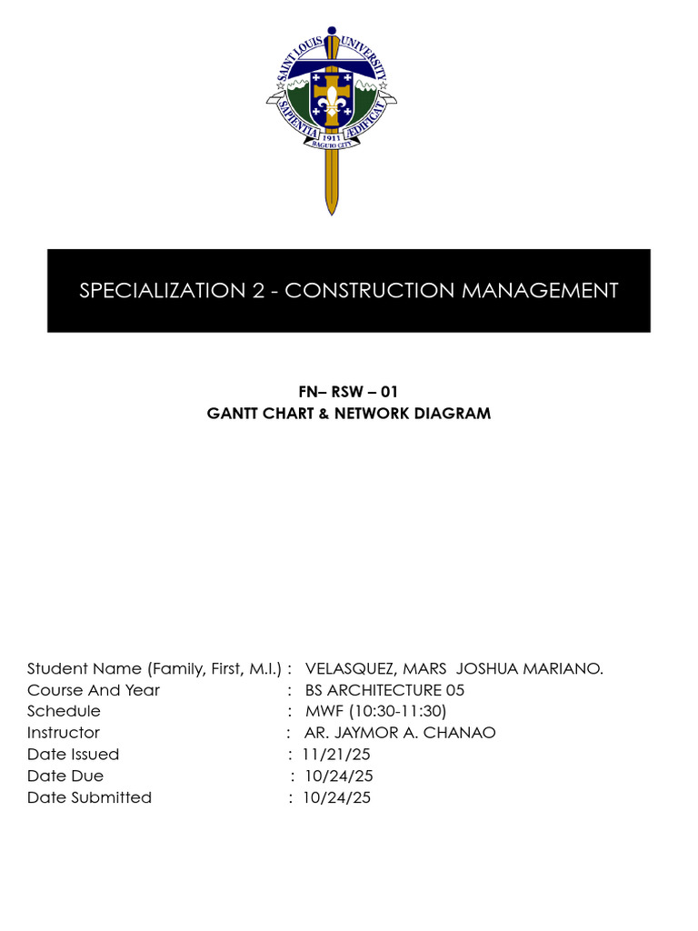 Specialization 2 - Construction Management: FN - RSW - 01 Gantt Chart ...