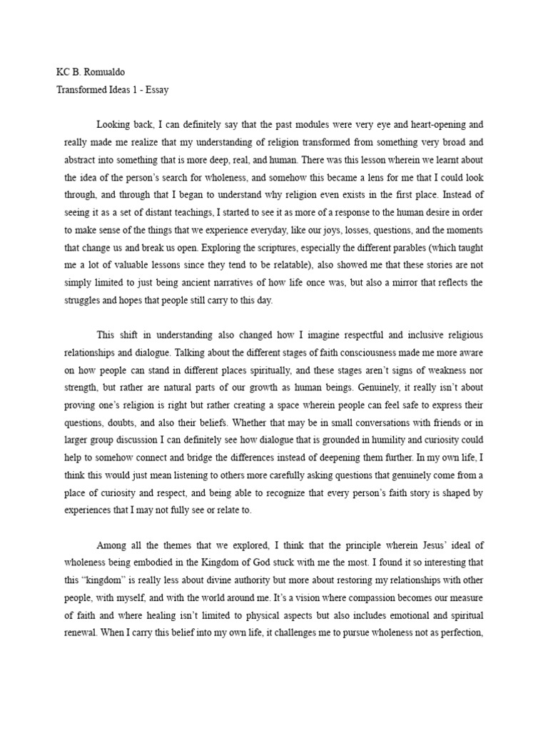 Romualdo Transformed Ideas 1 - Essay | PDF | Faith | Compassion
