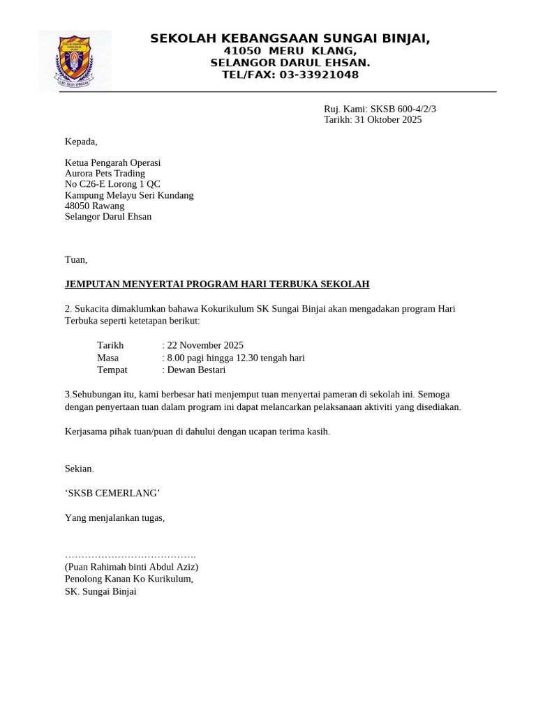 Surat Jemputan Program Sekolah | PDF
