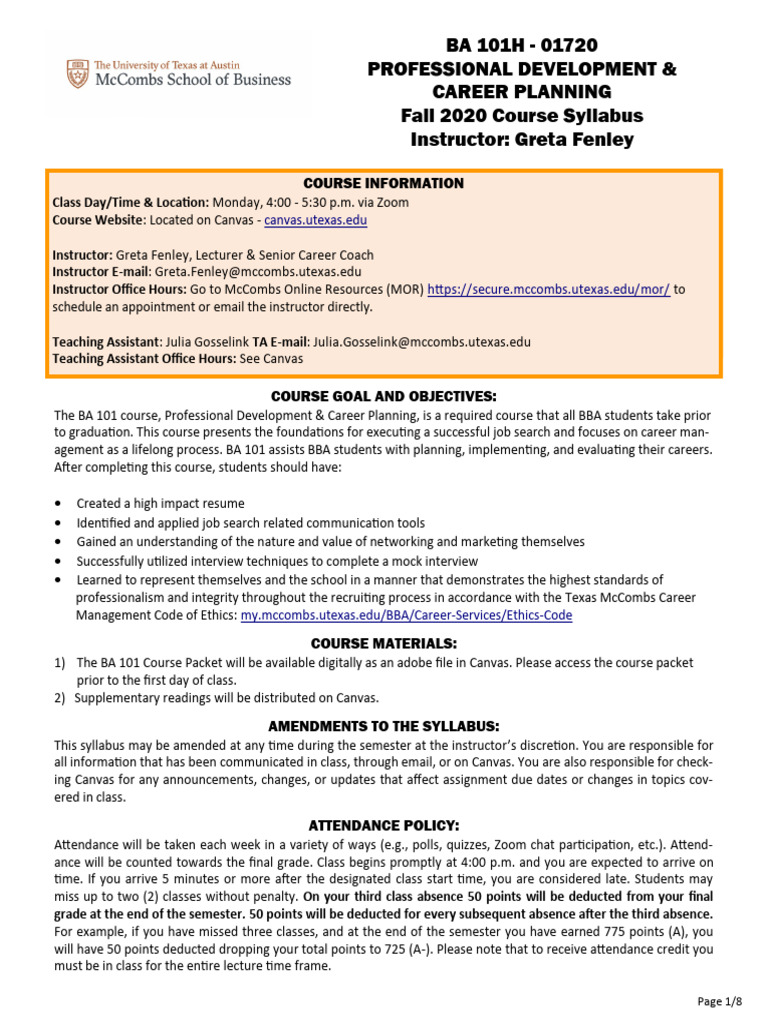 F20 BA 101H Syllabus - Fenley MON 400 | PDF | Mental Health | Title Ix