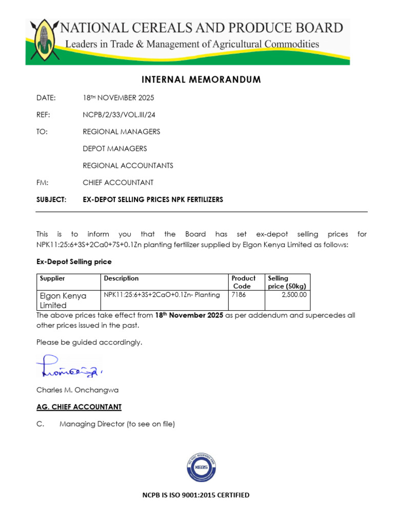 Internal Memorandum: Subject: Ex-Depot Selling Prices NPK Fertilizers | PDF