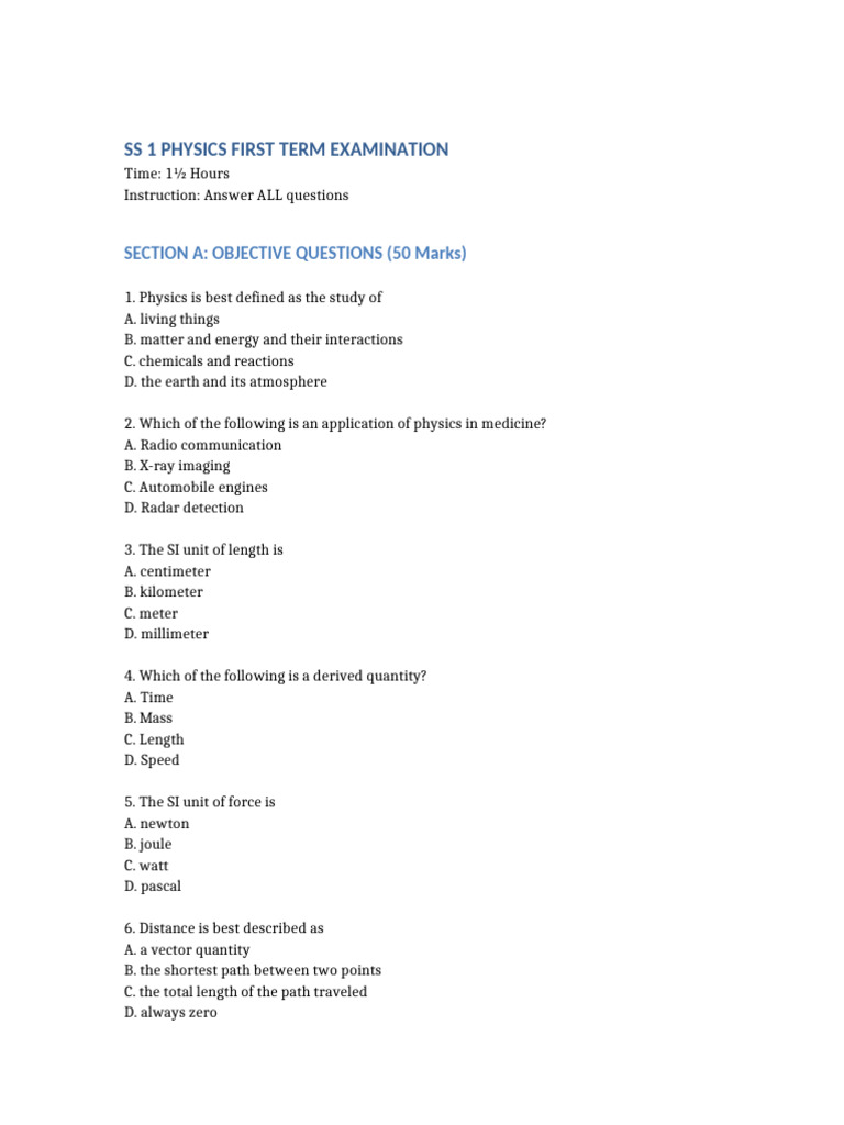 SS 1 Physics First Term Exam Guide | PDF | Force | Speed