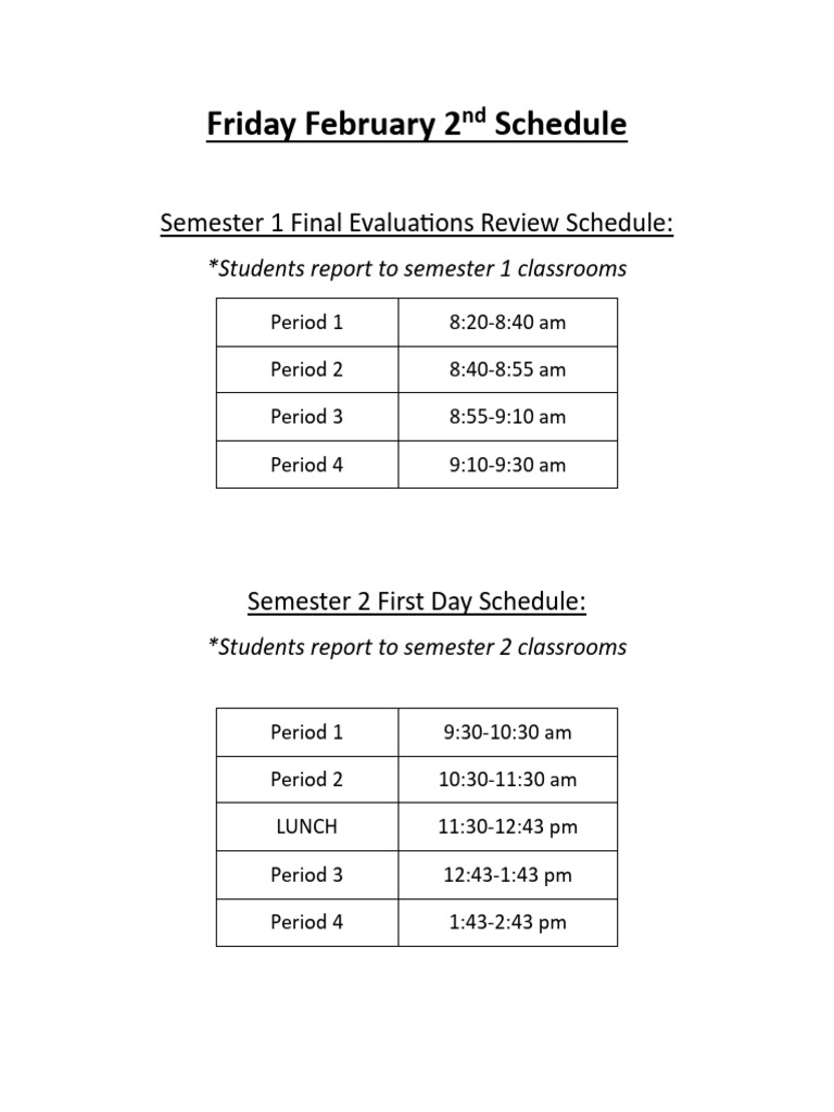 Semester 2 Start Up Schedule | PDF