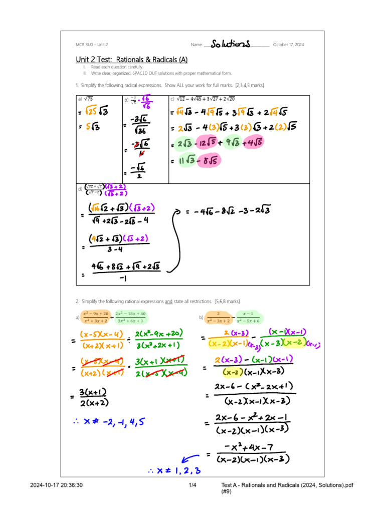 Rationals and Radicals Test Solutions | PDF | Equations | Quadratic ...