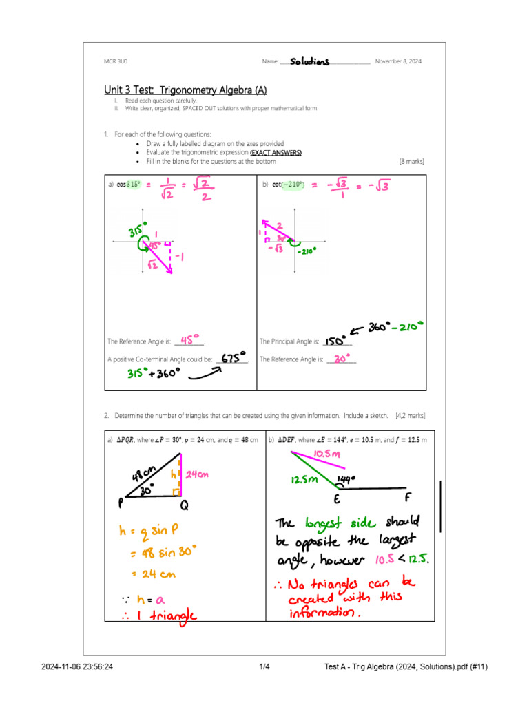 Trigonometry Algebra Test Solutions 2024 | PDF | Trigonometry | Euclid