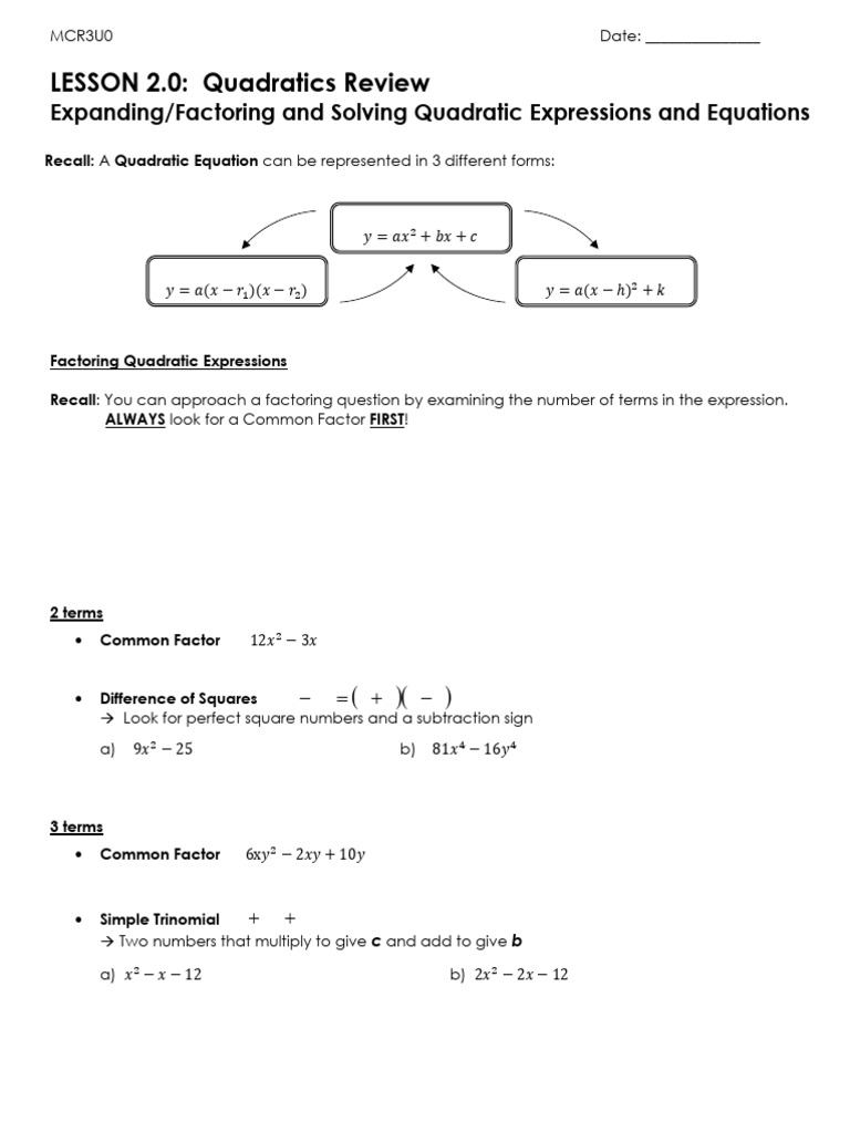 2.0 - Quadratics (Factoring, Solving Equations) | PDF | Quadratic ...