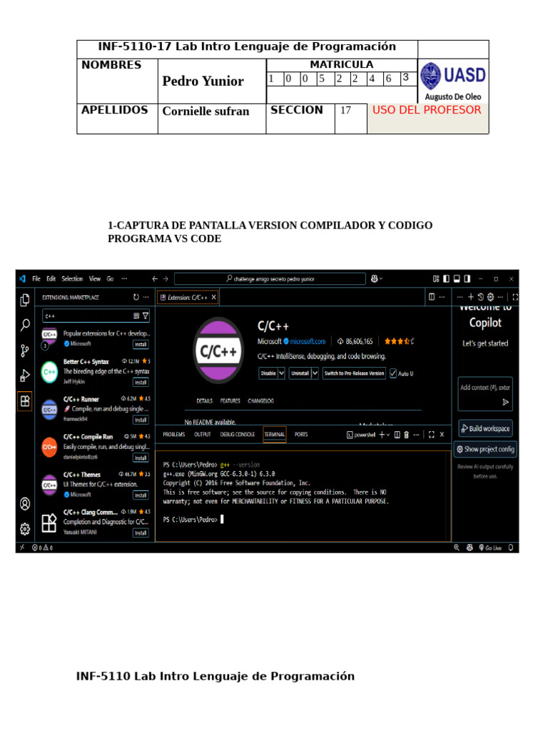 INF 5110-17 Ab Intro Lenguaje Prog Plantilla Tarea 1 Instalacion Compilador e IDE vs Code | PDF