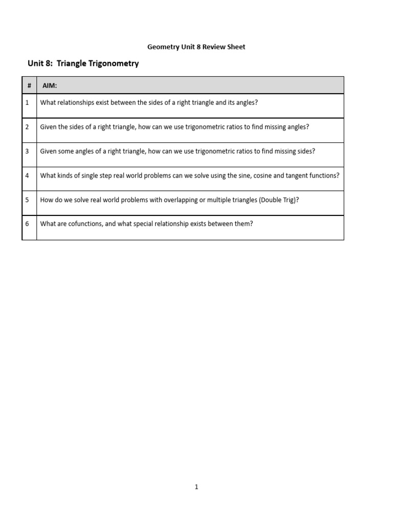 Geometry Unit 8 Review Sheet (2021-2022) | PDF | Trigonometry ...