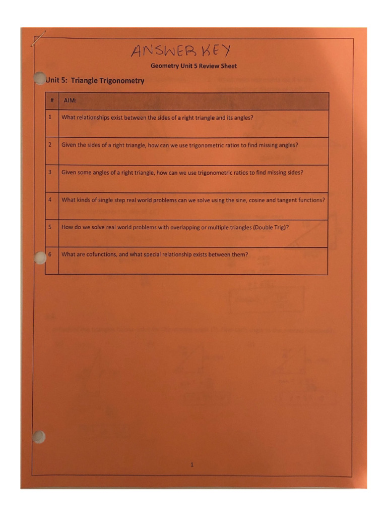 Geometry Unit 8 TRIG Review Sheet Answer Key[1] (1) (1) | PDF