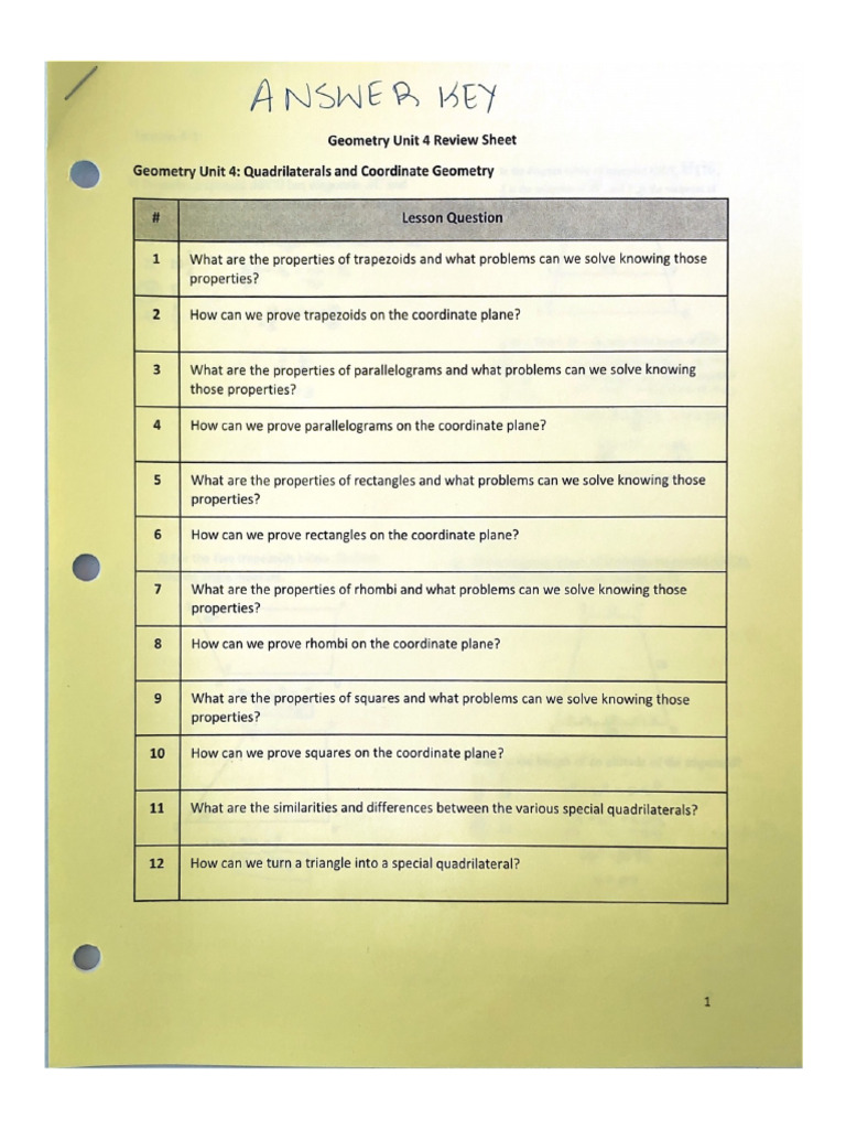 Geometry Unit 4 Review Sheet Answer Key | PDF