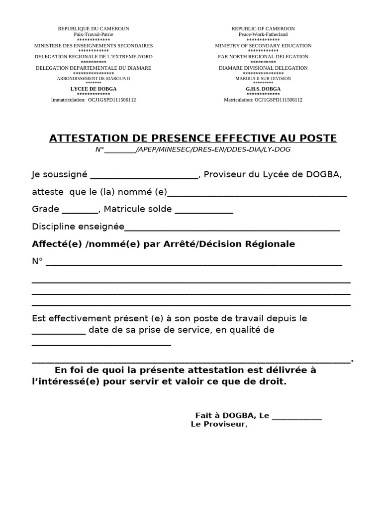 Attestation de Présence au Poste au Lycée de Dogba | PDF