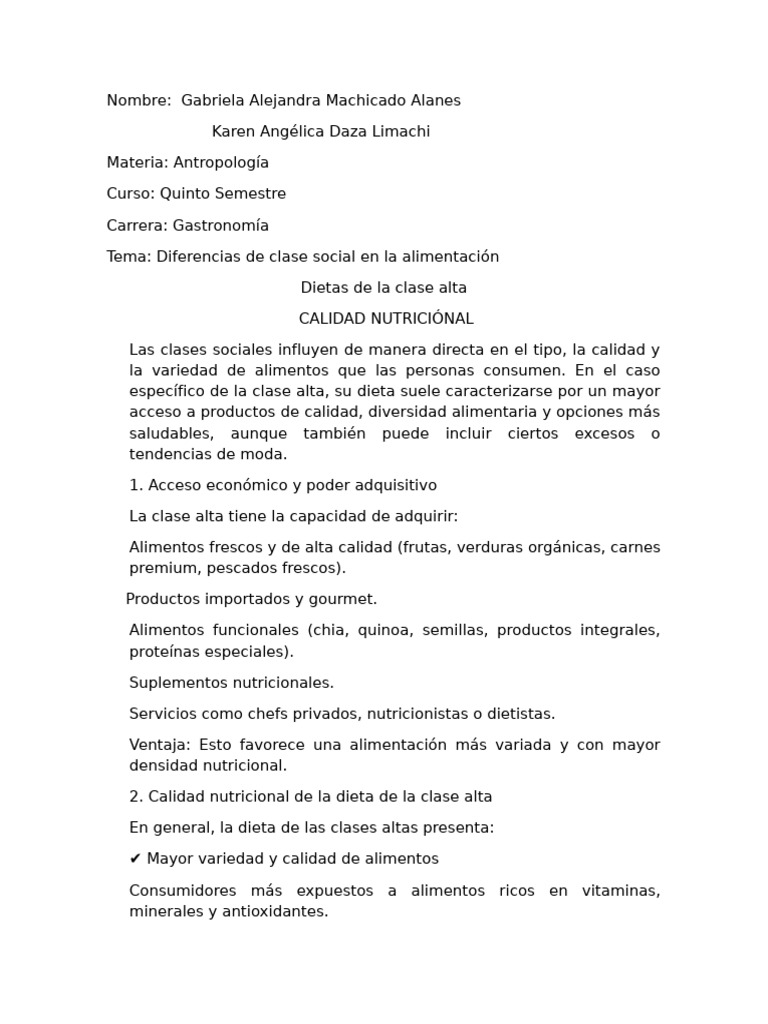 DIETAS DE CLASE ALTA | PDF | Alimentos | Nutrición