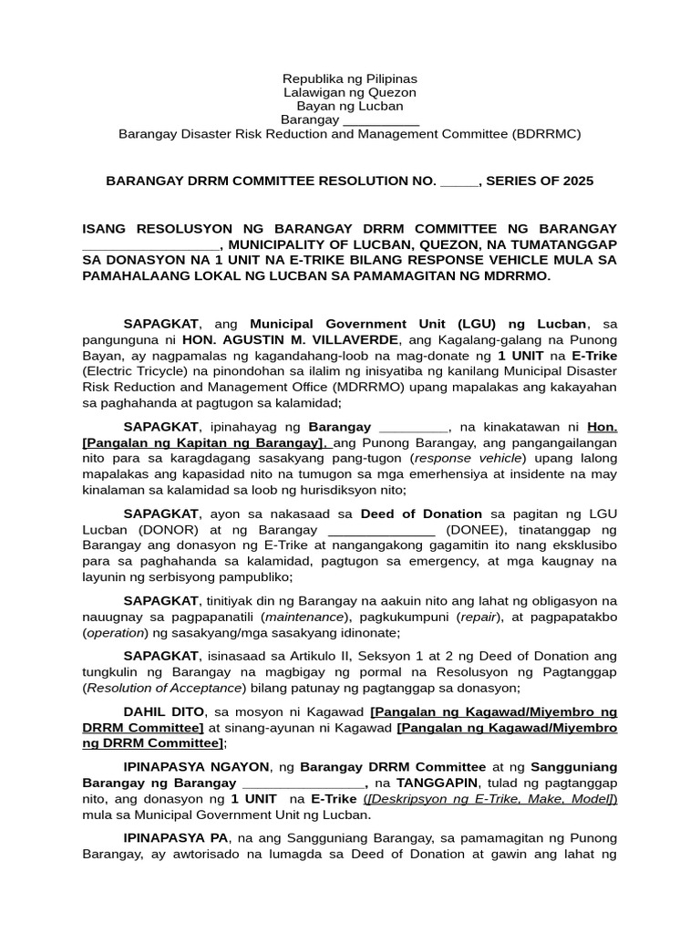 Dod Acceptance BDRRMC Resolution Template | PDF