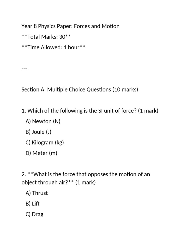 Year 8 Physics Paper | PDF | Weight | Force