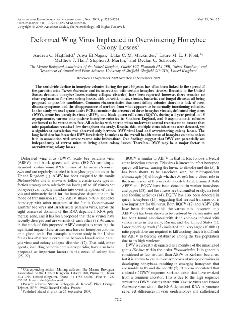 Deformed Wing Virus Implicated in Overwintering Honeybee Colony Losses ...