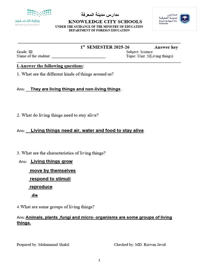 Living Things Answer Key 2025-26-1 | PDF | Life | Nature