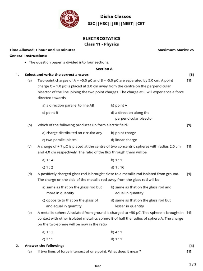 Q-Electrostatics Class - 11 | PDF | Electric Field | Sphere