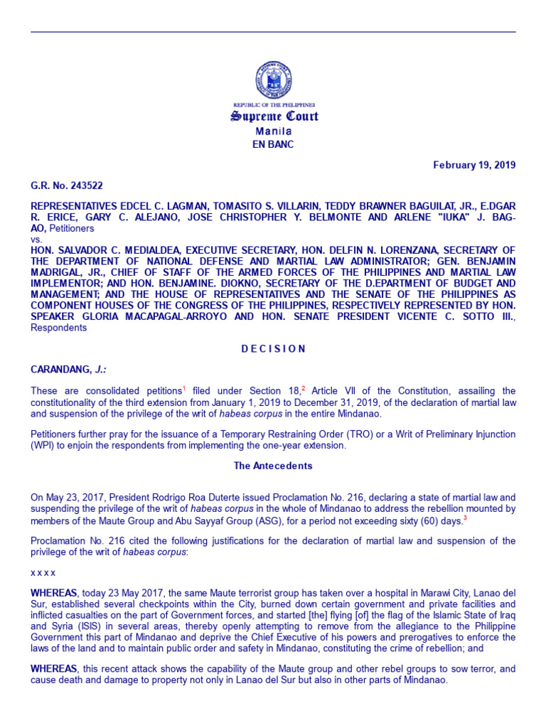 GR NO. 243522 - Lagman v. Medialdea 2 (2019) | PDF | Martial Law ...