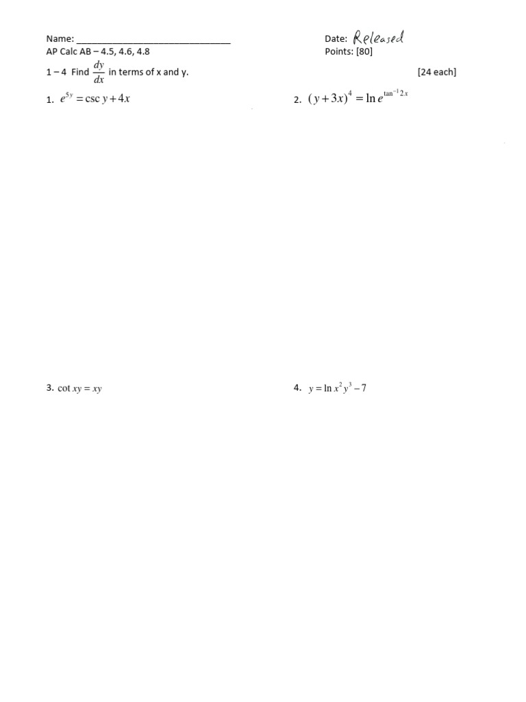 AP Calculus AB Derivatives Practice Exam | PDF | Tangent | Mathematical ...