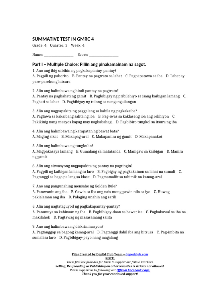 Summ - Test GMRC 4 q3 w4 | PDF