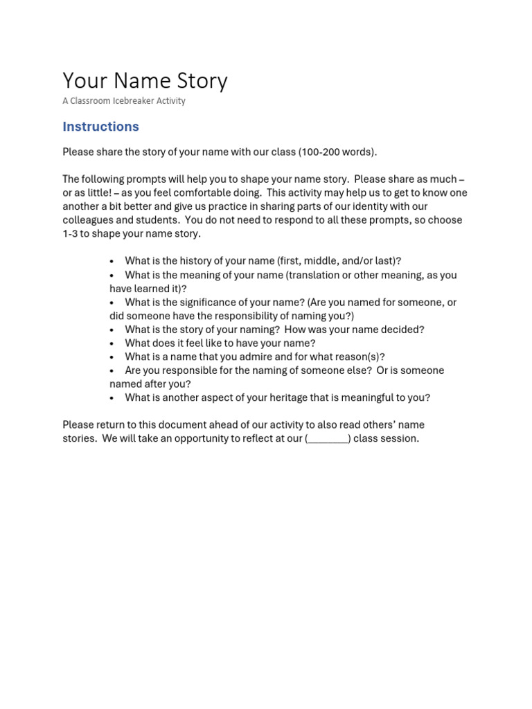 Name Story Icebreaker Activity | PDF