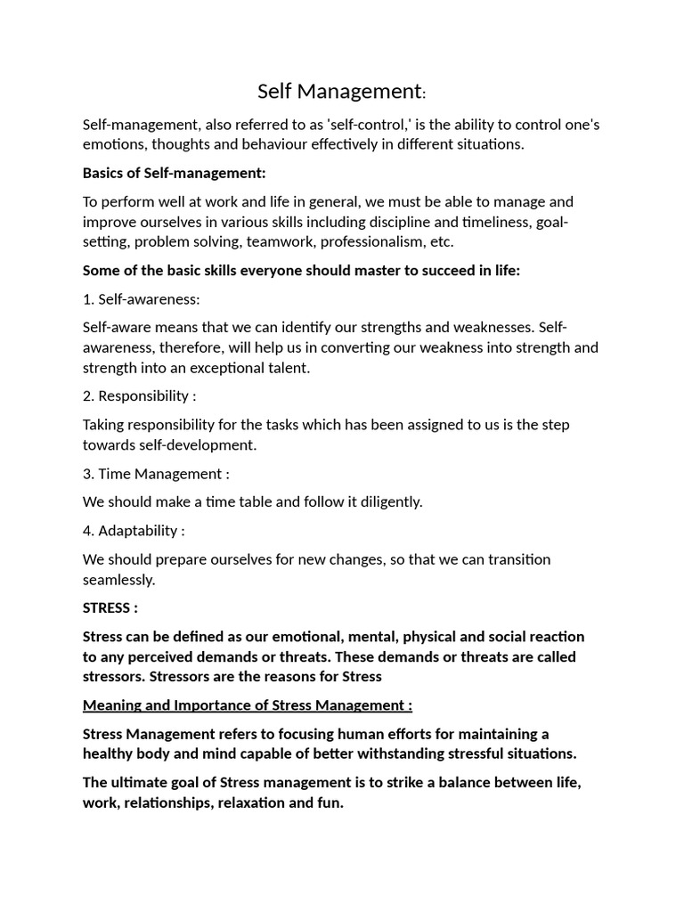 Self Management | PDF | Stress Management | Self Awareness