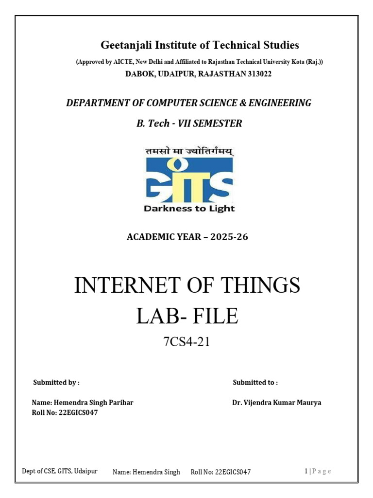 CSE IOT Lab 7CS4 21 2023-24 | PDF | Engineering | Knowledge
