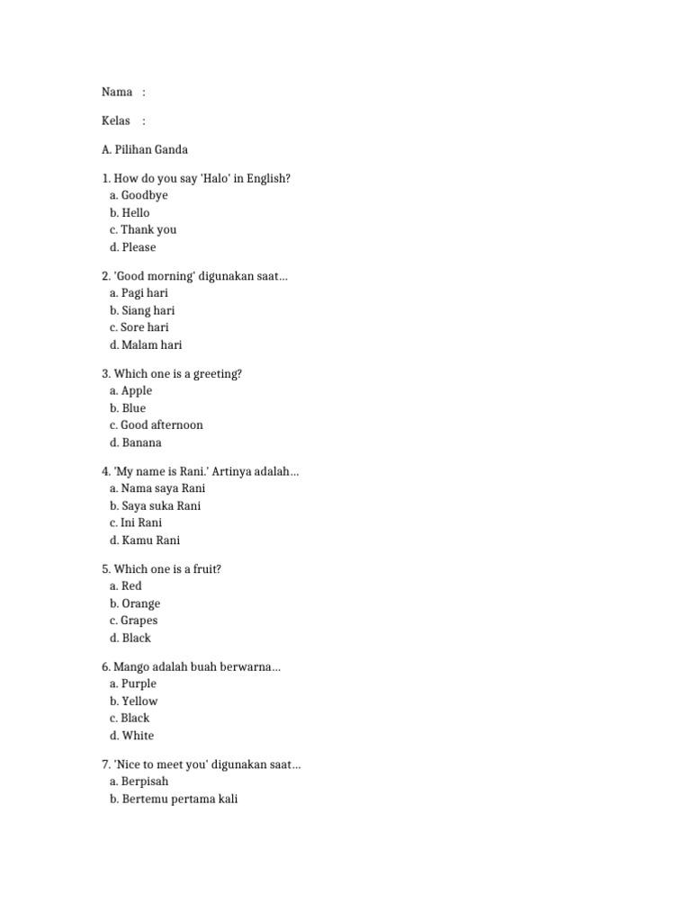Soal Bahasa Inggris Greetings Fruits Colors Intro | PDF