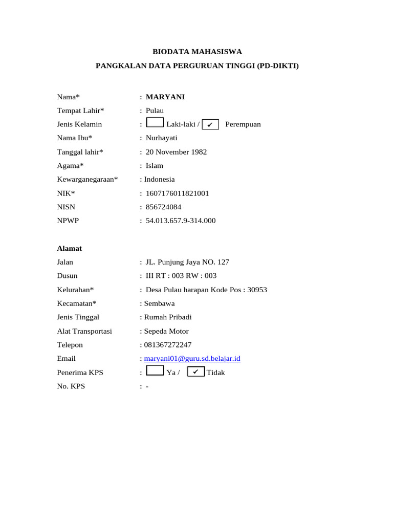 Biodata Mahasiswa Maryani PD-DIKTI | PDF