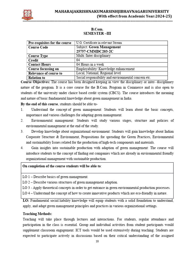 Sem-3 MDC-3 25757 Green Management 2024-25 | PDF | Sustainability ...