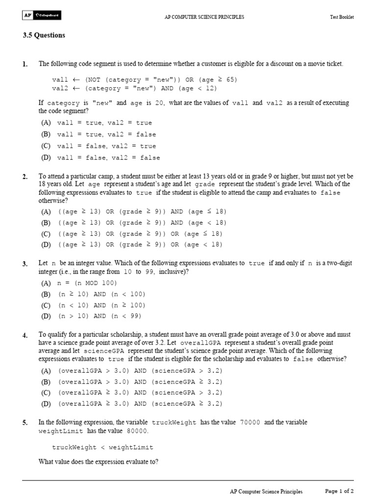 3.5 Questions-Boolean Expressions | PDF