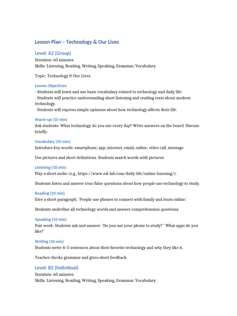 Lesson Plan Technology and Our Lives | PDF | Vocabulary | Reading ...