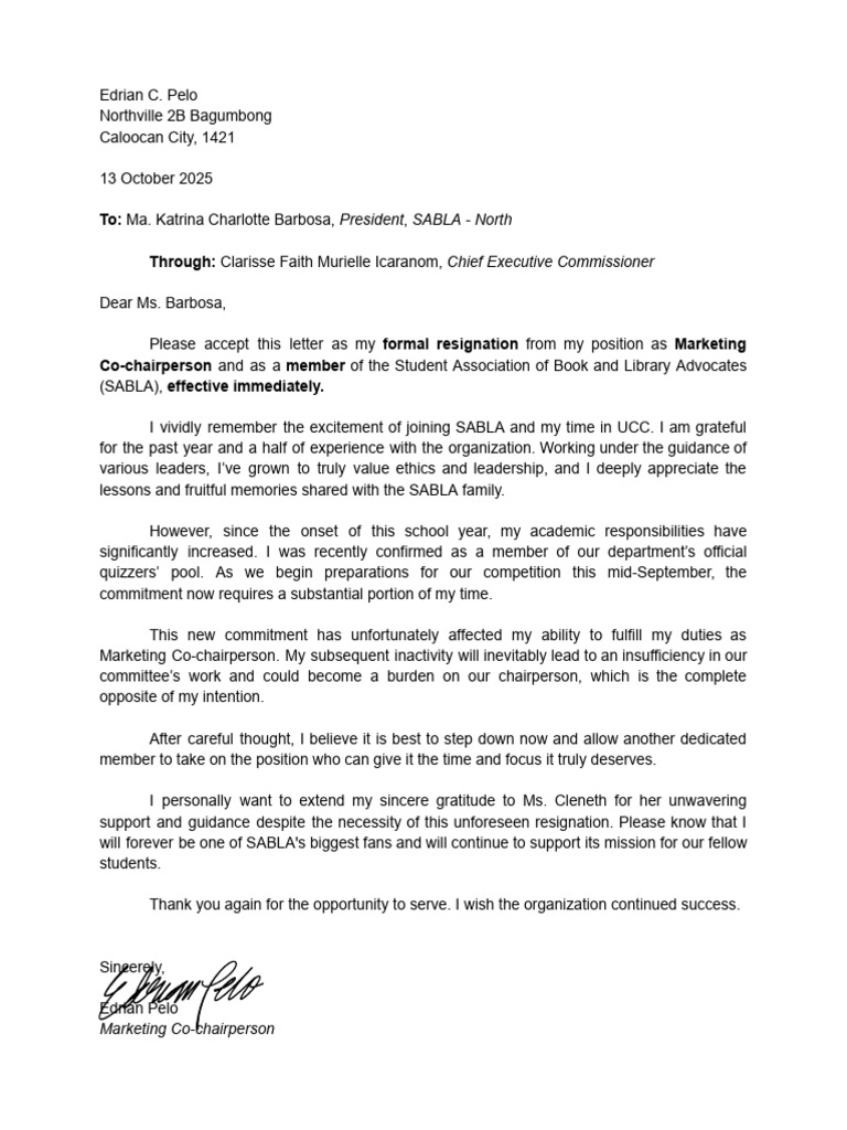 Edrian Pelo's Resignation from SABLA | PDF